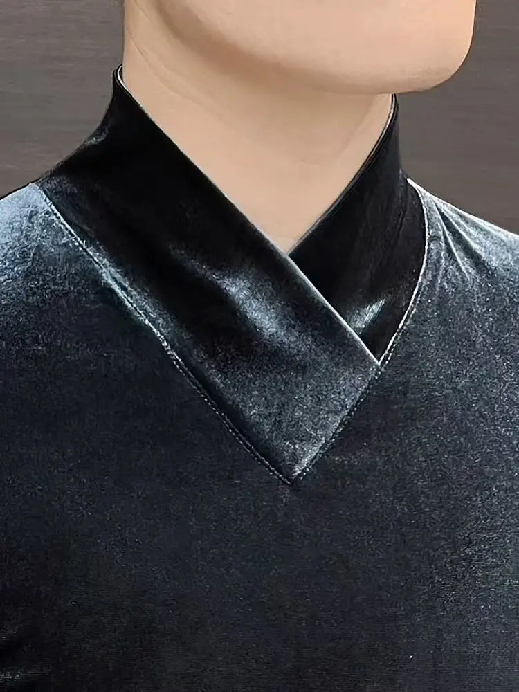 Gold Velvet V-neck Long-sleeved T-shirt Men's High-end Half-high-neck ...